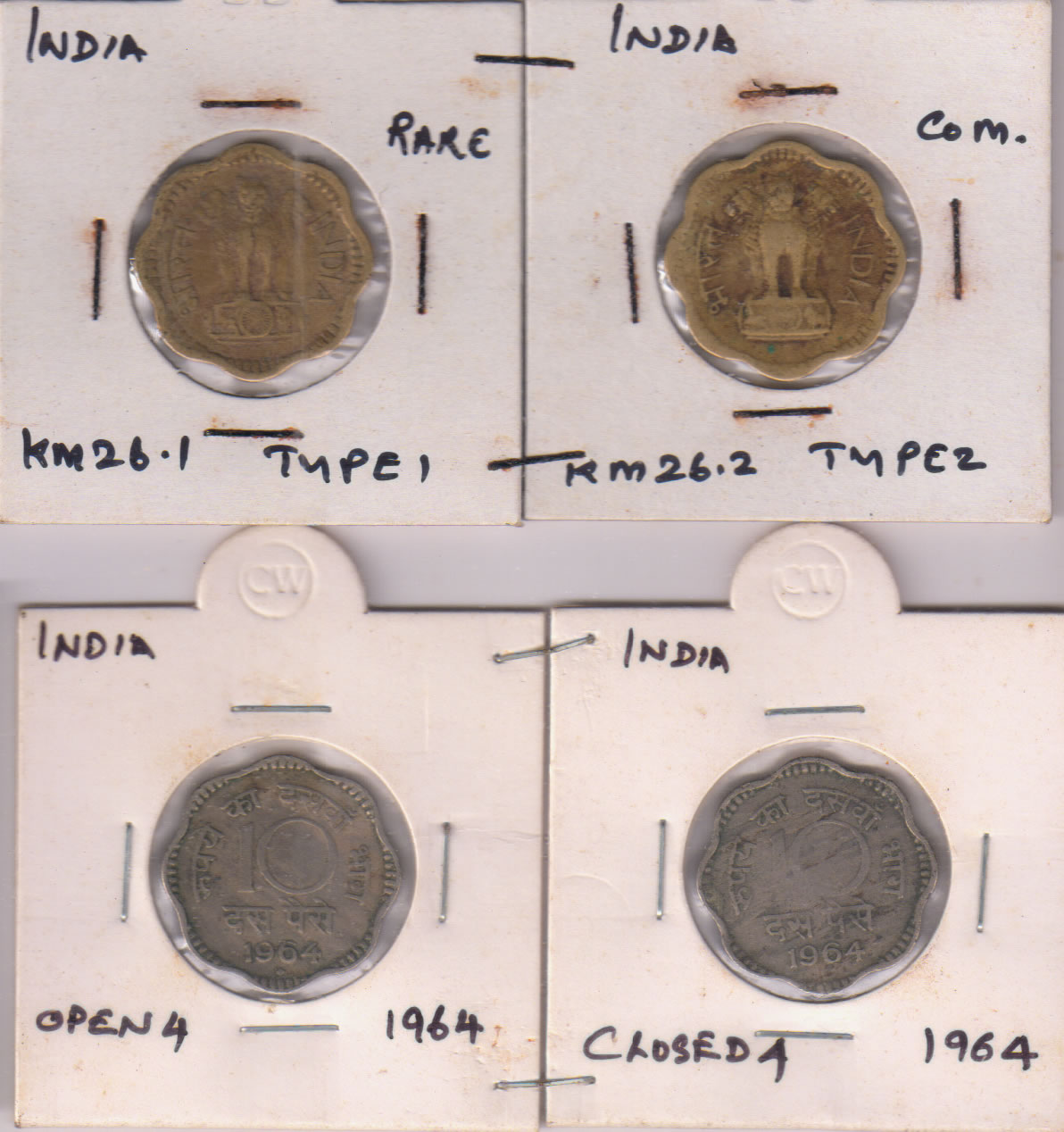 India rep. - 10 paisa 1968 Large D & common D 1964 closed 4 & open 4 ...