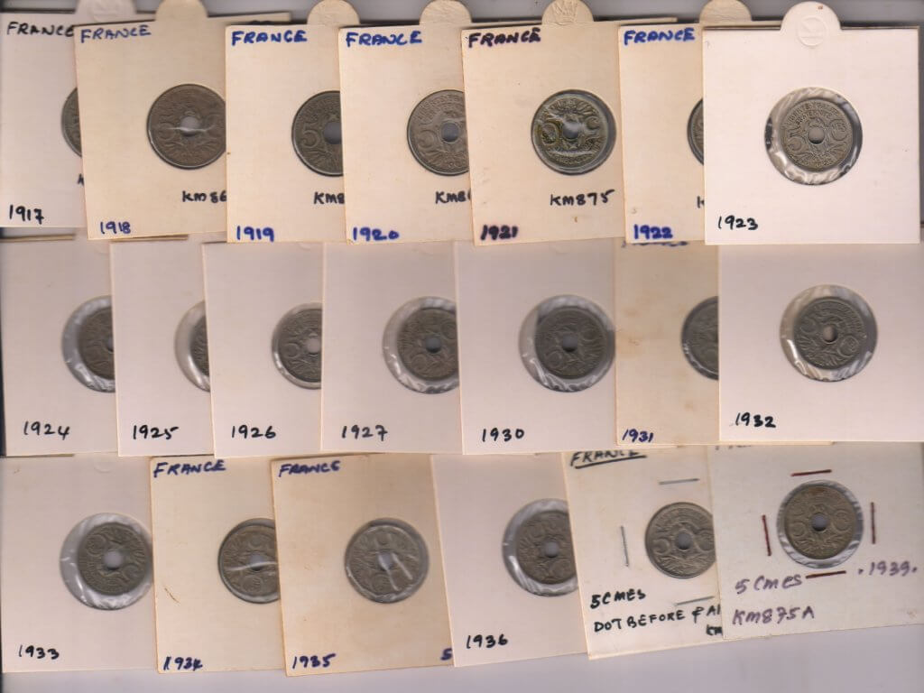 France - 5 cmes KM865,875 - full year collection 25 holed coins - KB ...