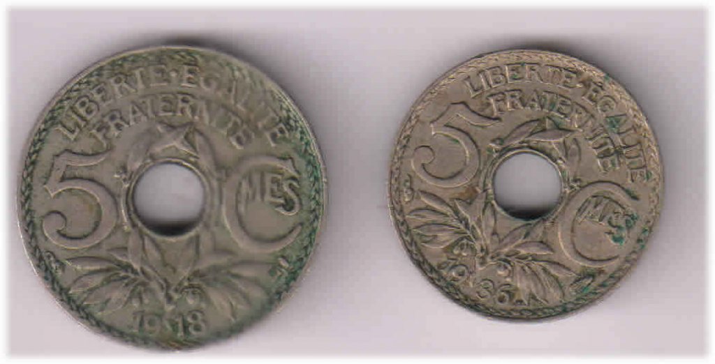 France - large and small 5 cmes 2 holed coins - KB Coins & Currencies