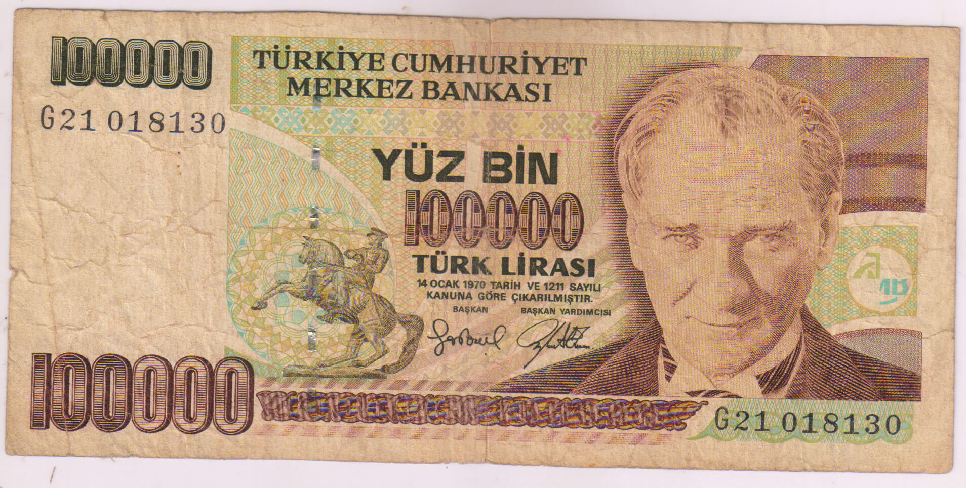 Turkey - 100,000 Lira 1970 vf currency note - KB Coins & Currencies