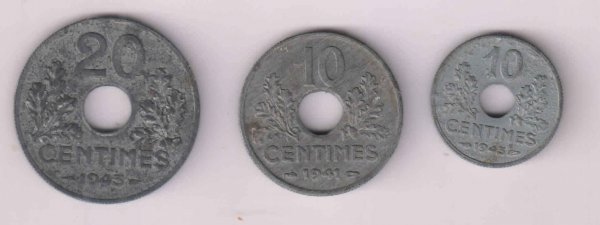 Vichy French State issue - 20 cmes 1941 WW II zinc holed coin - KB ...