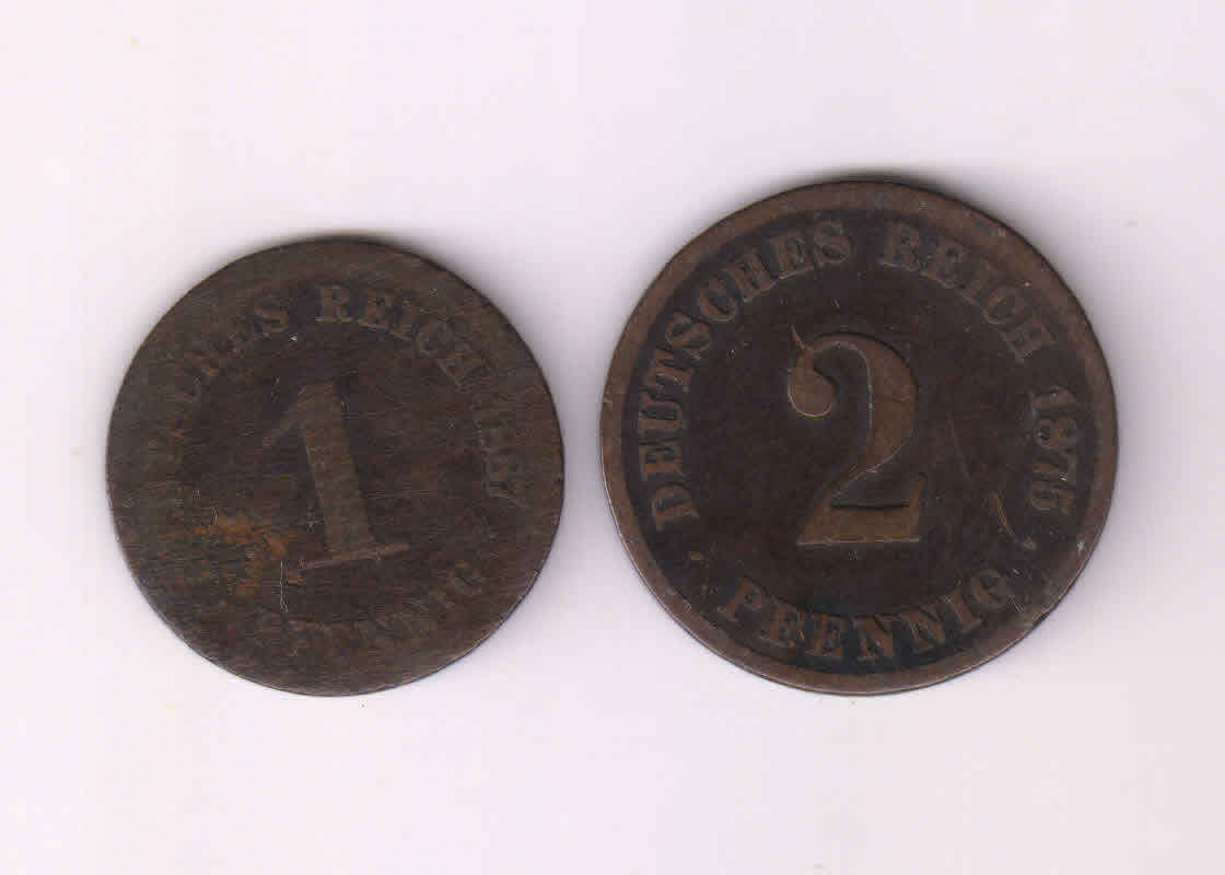 German Empire - 1 and 2 pfennig 1887, 1875 ,copper 2 coins - KB Coins ...