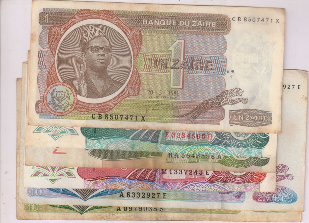 Zaire - 6 different ( 1,10x3,1000,1000000 zaire) used currency notes ...