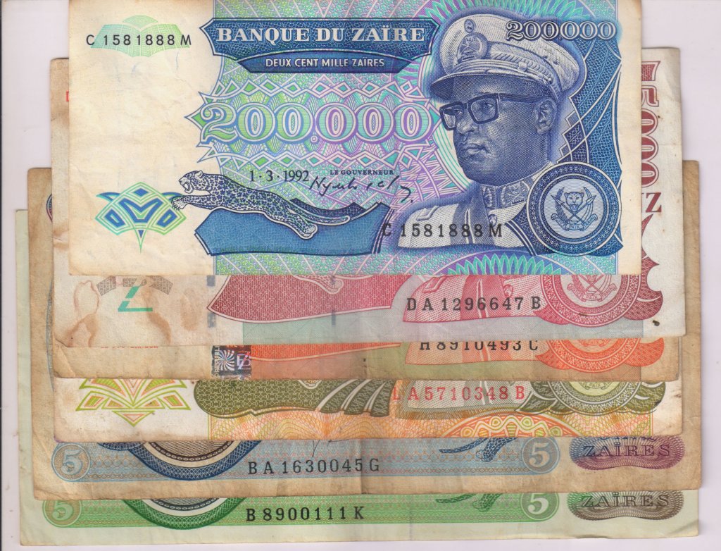 Zaire - 6 different ( 5x2,200,5000,100000,200000 zaire) used currency ...