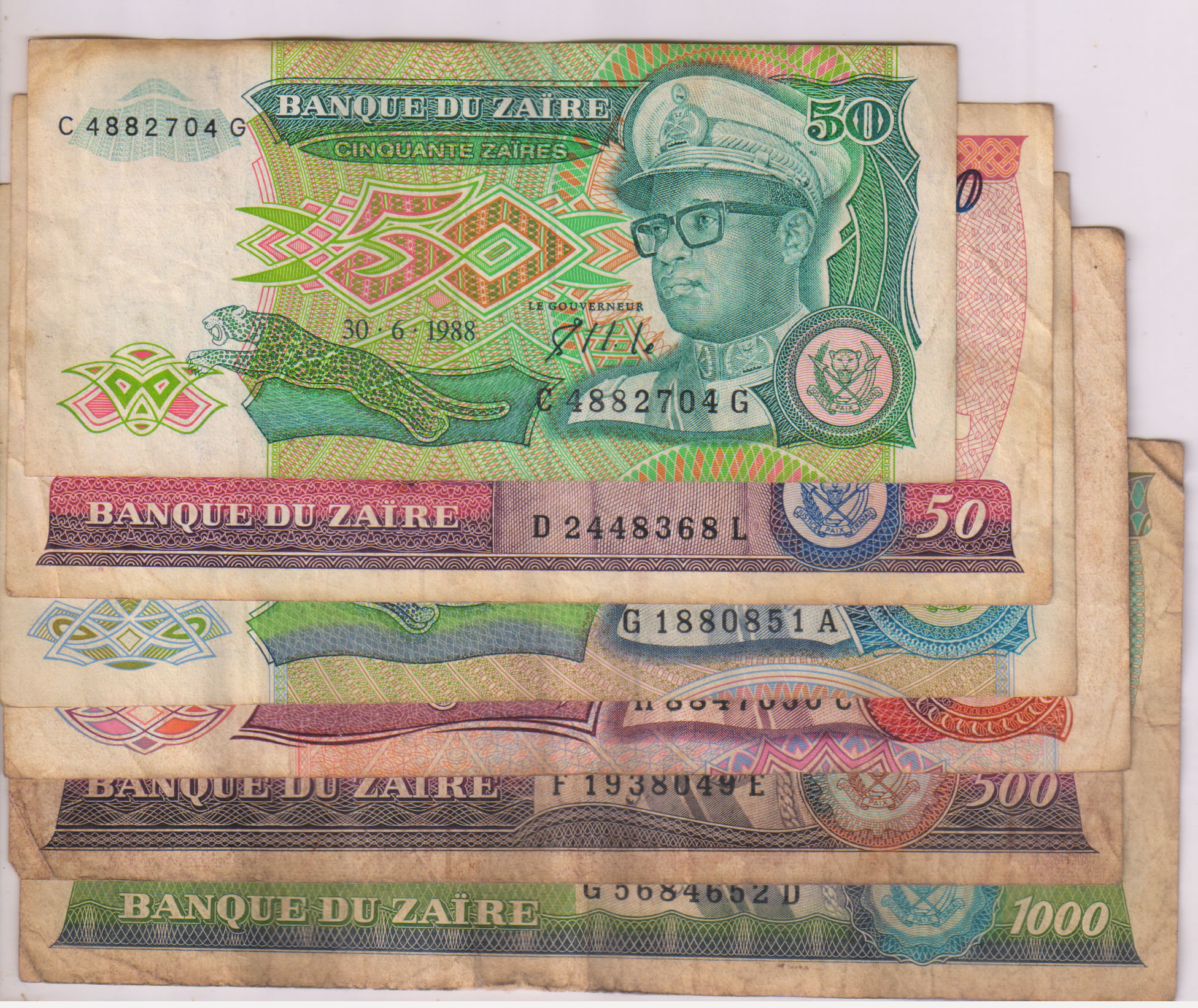 Zaire – 6 different (50x2,500,1000,5000,10000 zaire) used currency ...