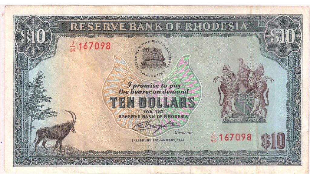 Rhodesia - 10 dollars 1979 vf+ currency note - KB Coins & Currencies