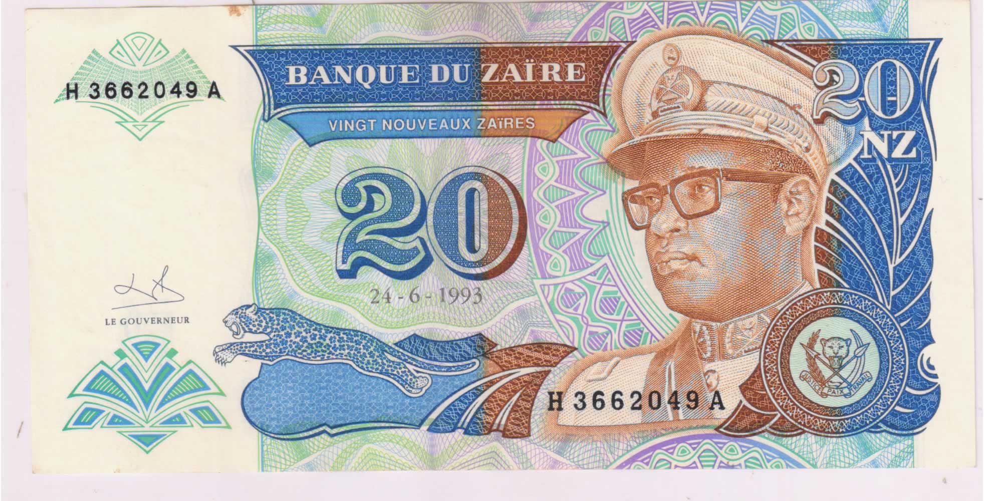Zaire - 20 zaire 1993 unc currency note - KB Coins & Currencies