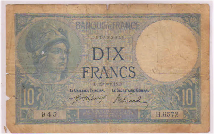France – 10 francs 1918 used currency note - KB Coins & Currencies