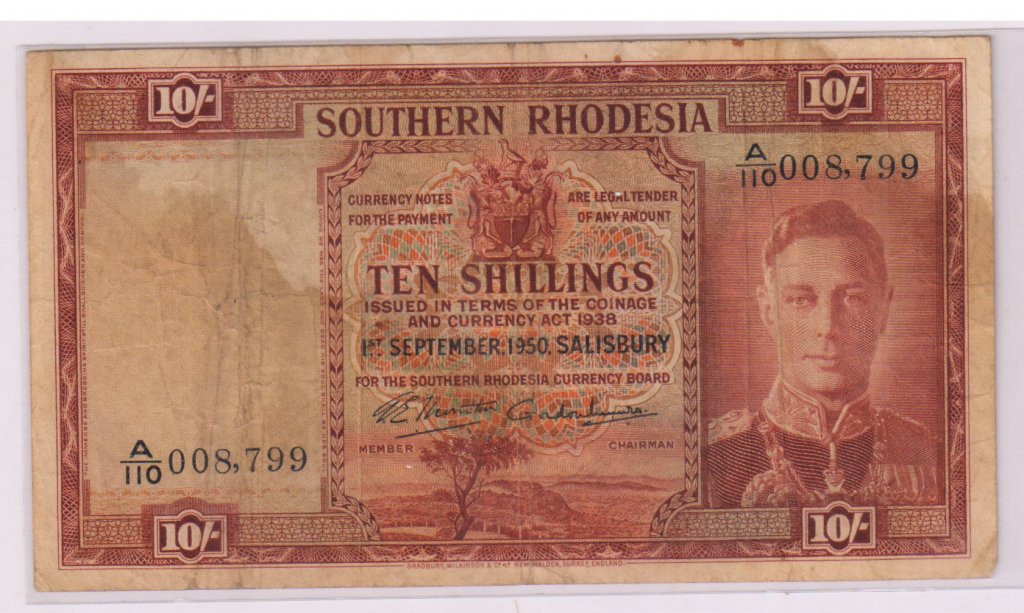 Southern Rhodesia - 10 shillings 1938 G VI scarce currency note - KB ...