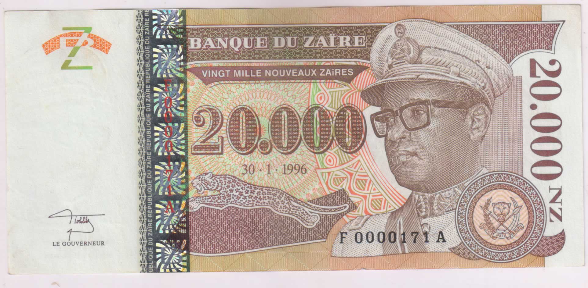 Zaire - 20,000 zaire 1996 unc currency note - KB Coins & Currencies