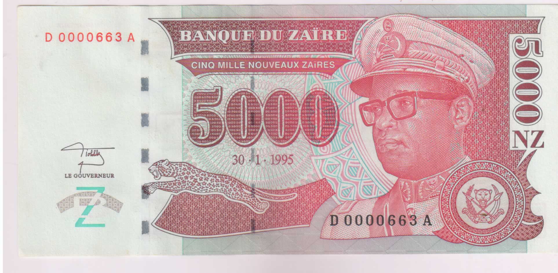 Zaire - 5000 zaire 1995 unc currency note ,low serial number - KB Coins ...