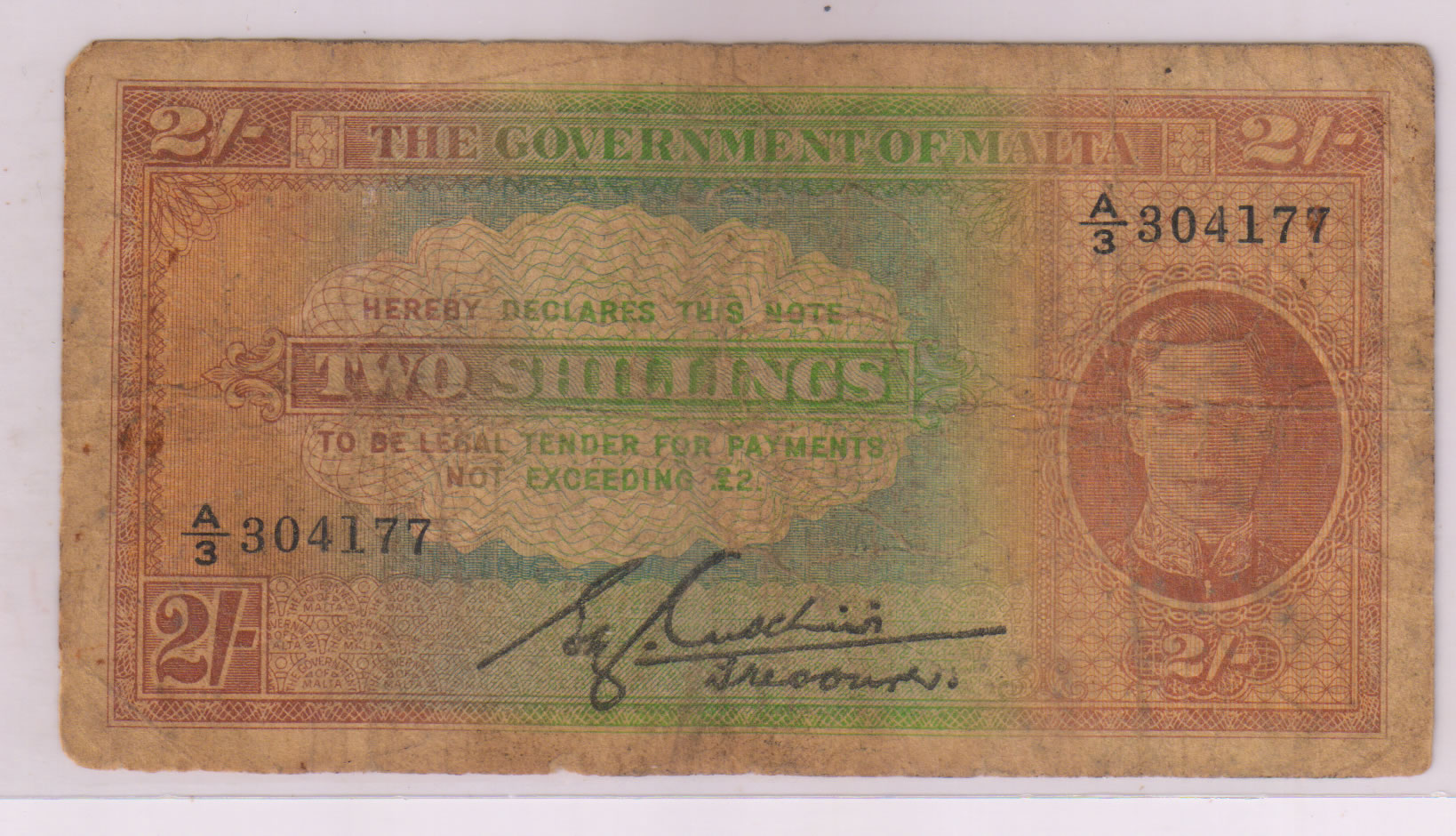 British Malta - 2 shillings used currency note - KB Coins & Currencies