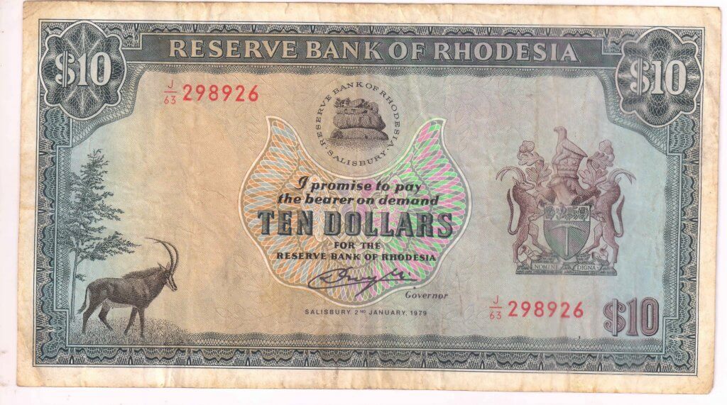 Rhodesia - 10 dollars 1979 vf currency note - KB Coins & Currencies