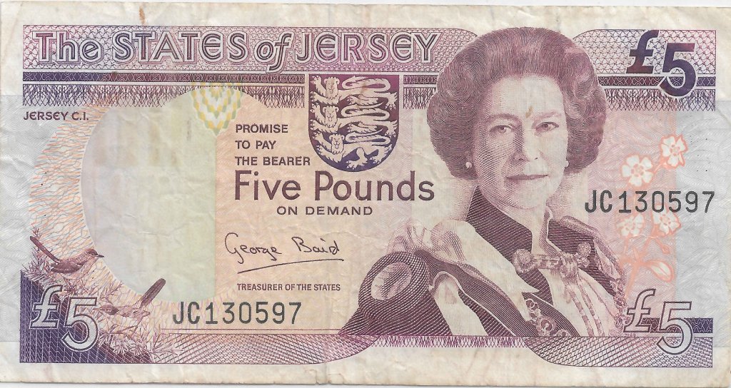 Jersey – 5 pounds 1993 vf currency note w/ stain - KB Coins & Currencies