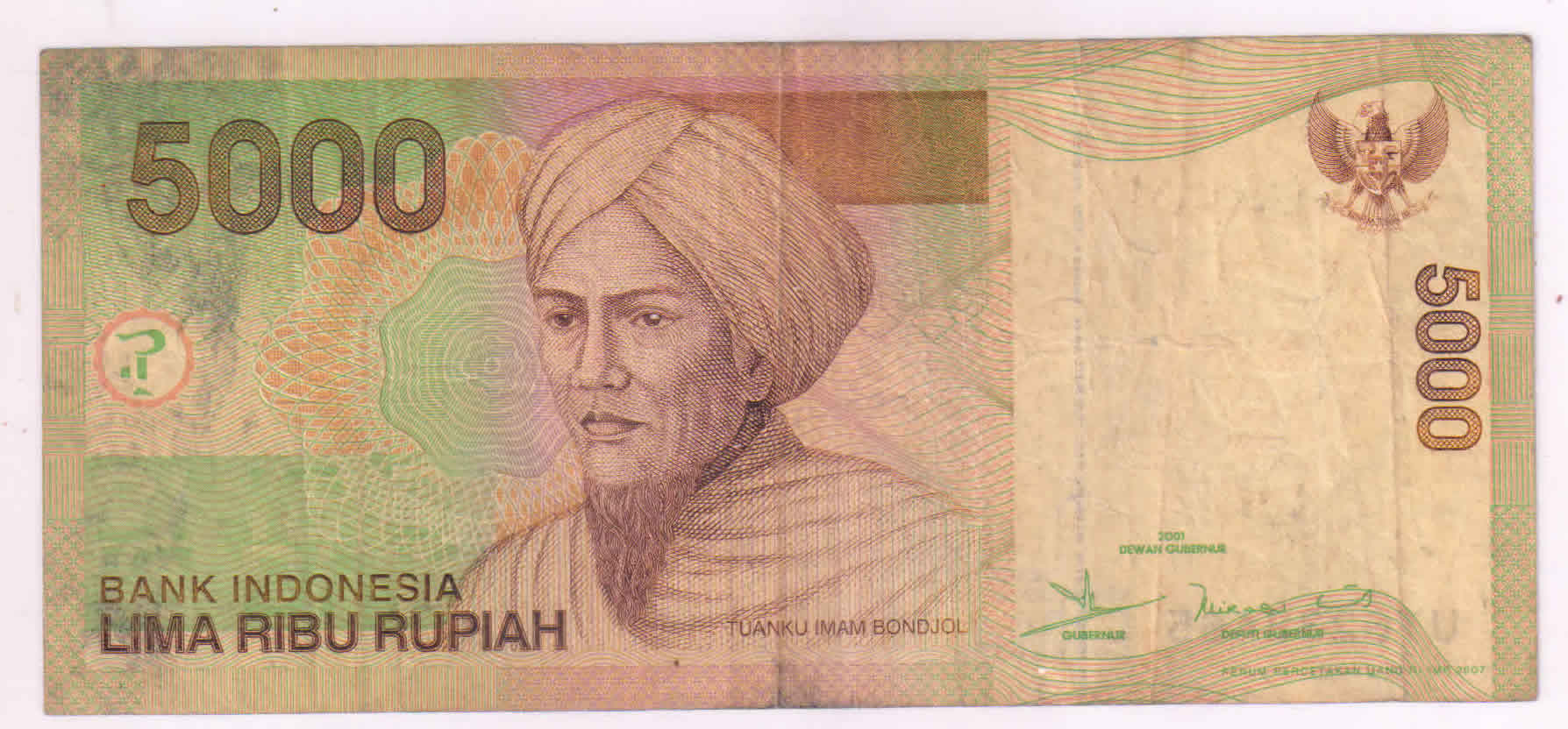 Indonesia - 5000 rupia 2001 used currency note - KB Coins & Currencies