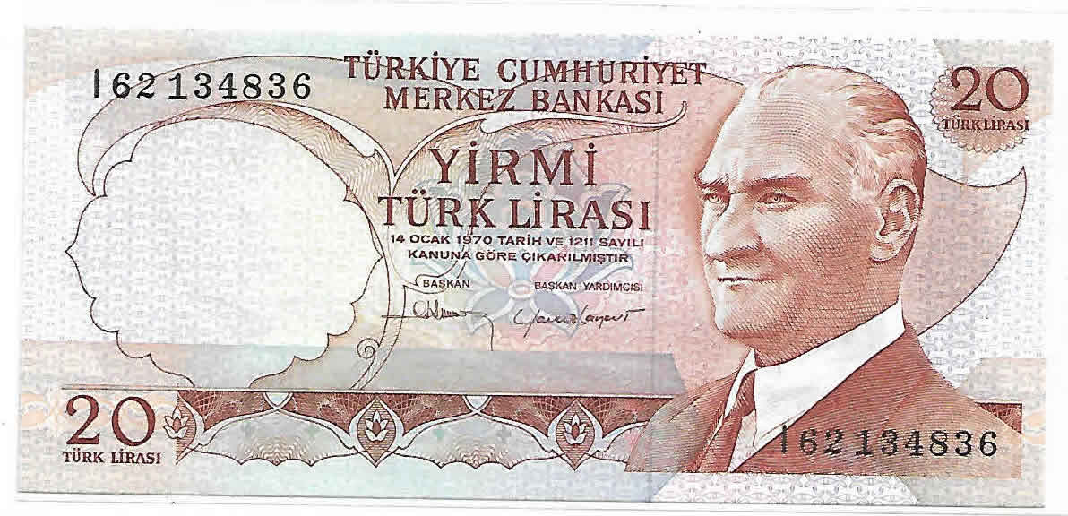 Turkey – 20 Lirasi 1970 unc currency note - KB Coins & Currencies