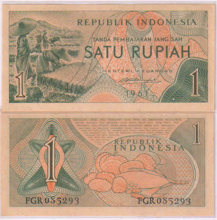 Indonesia - 1 rupiah 1961 xf currency note - KB Coins & Currencies