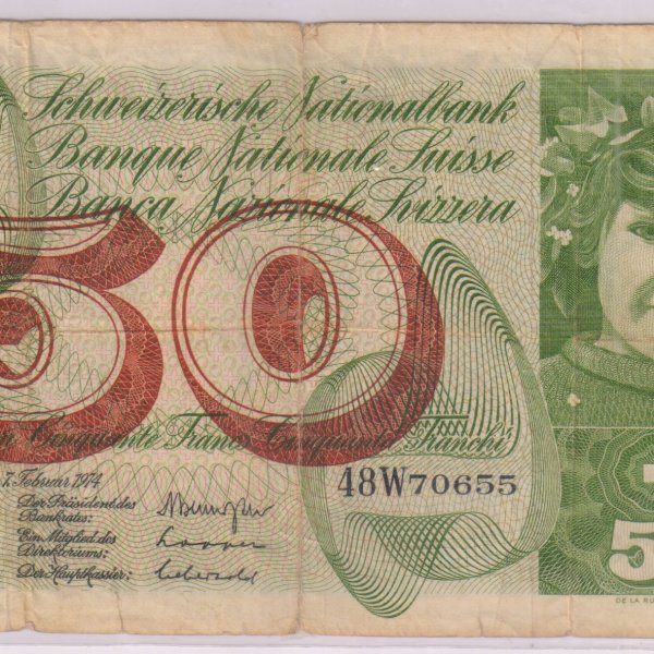 Switzerland 50 Franken 1955 vf- currency note tapped center - KB Coins ...