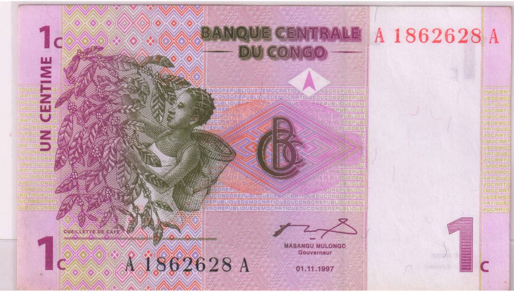 Congo - 1 cent 1997 vf+ unc currency note - KB Coins & Currencies