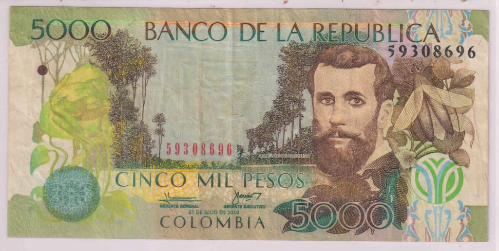 Colombia =-5000 pesos 2013 , vf currency note - KB Coins & Currencies