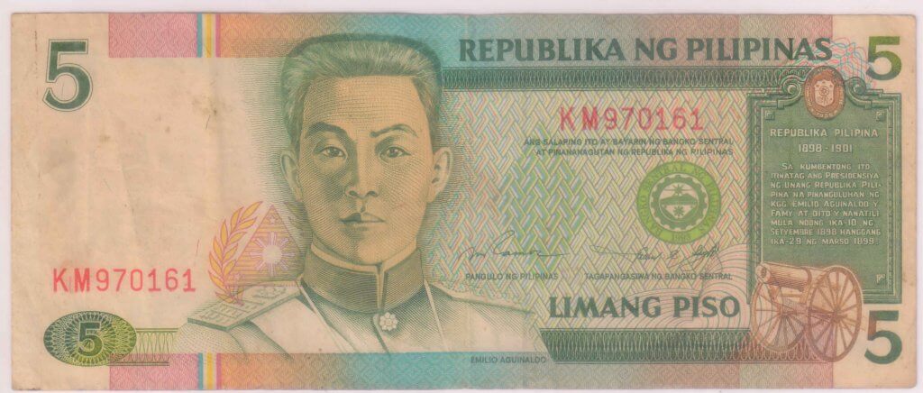Philippines - 5 pesos , used currency note - KB Coins & Currencies