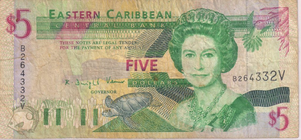 St Vincent ,East Caribbean - 5 $ vf currency note - KB Coins & Currencies