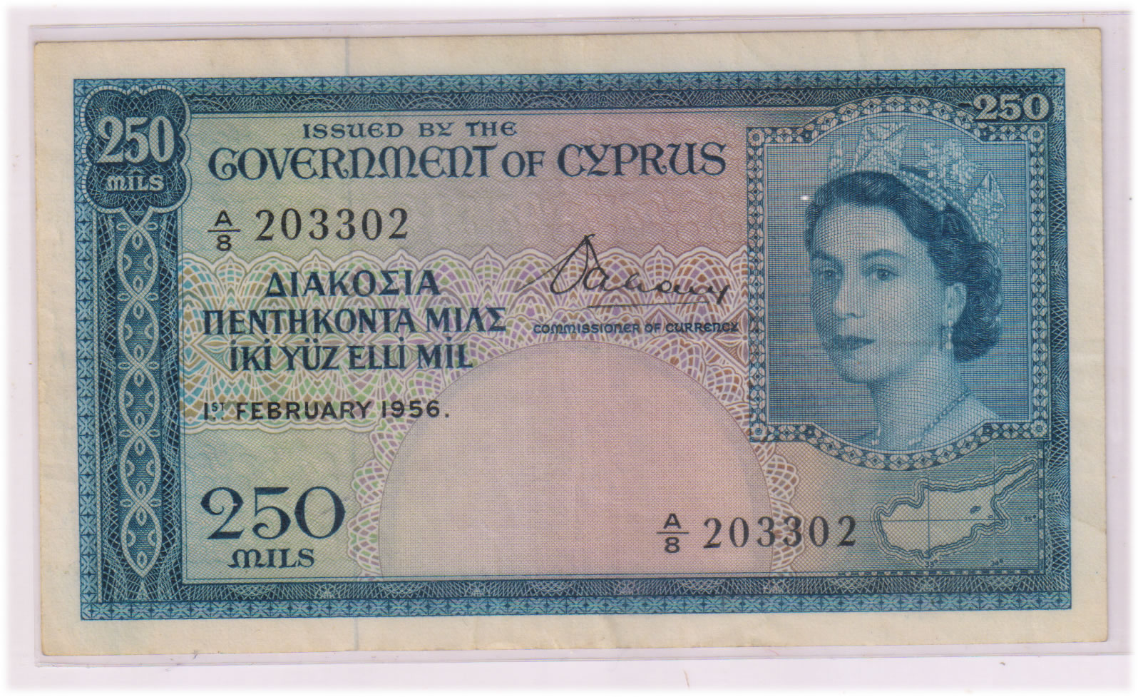 CYPRUS – 250 mils 1956 Radar number , P33, scarce Vf+ currency note ...