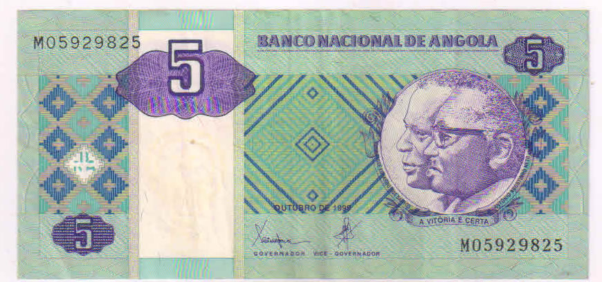 Angola – 5 kwanzas 1999 vf currency note - KB Coins & Currencies