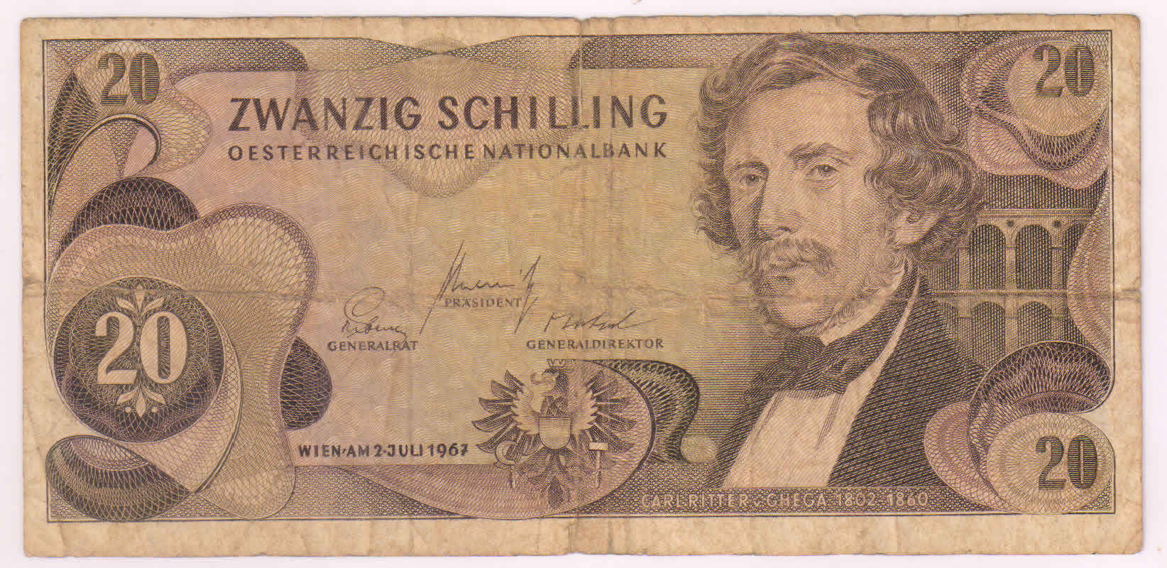 Austria - 20 schilling 1967 used currency note - KB Coins & Currencies