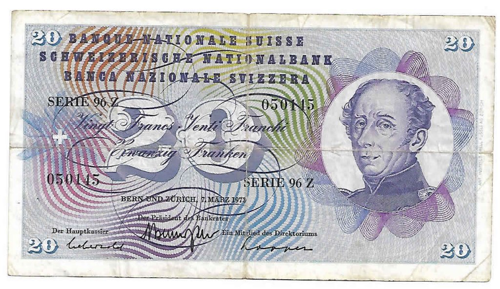 SWITZERLAND – 20 Francs 1973 used currency note - KB Coins & Currencies