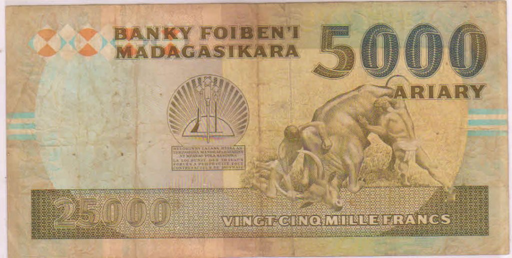 Madagascar -5000 frs used currency note , large size - KB Coins ...