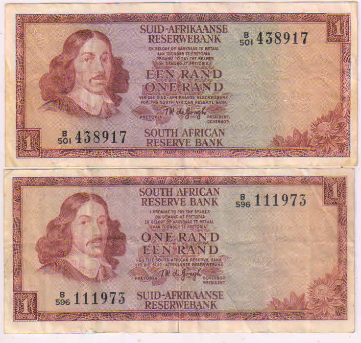 South / Suid Africa 1 rand used ,2 different notes with different text ...