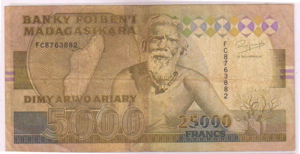 Madagascar -5000 frs used currency note , large size - KB Coins ...