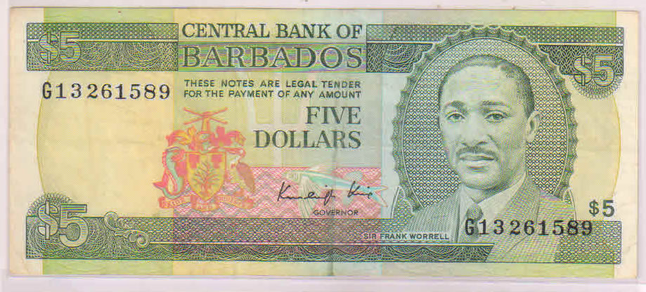 Barbados - 5 dollars 2007 - 12 vf currency note - KB Coins & Currencies