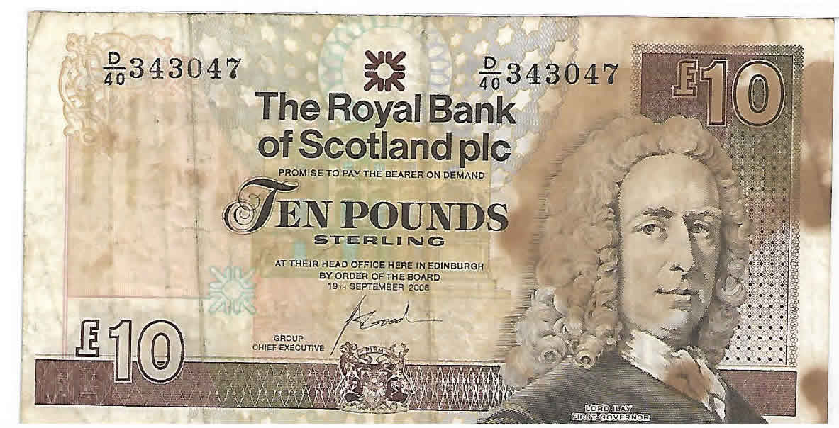 Scotland – 10 pounds 2006 used currency note w/ stain - KB Coins ...