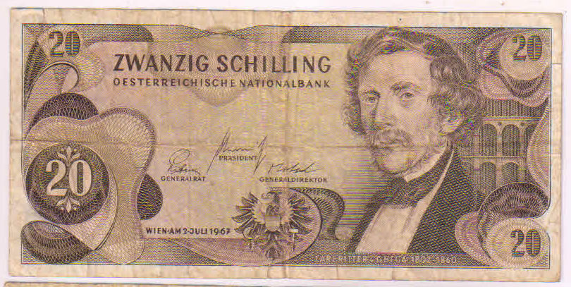 Austria – 20 schilling 1967 used currency note - KB Coins & Currencies