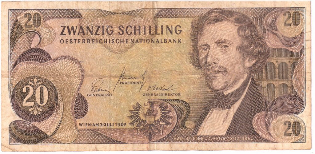 Austria – 20 schilling 1967 used currency note - KB Coins & Currencies