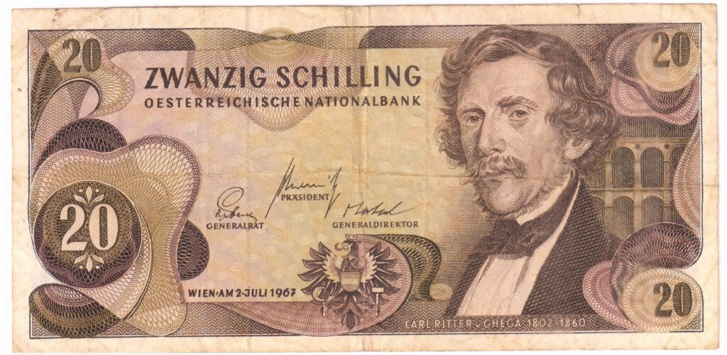 Austria – 20 schilling 1967 used currency note - KB Coins & Currencies