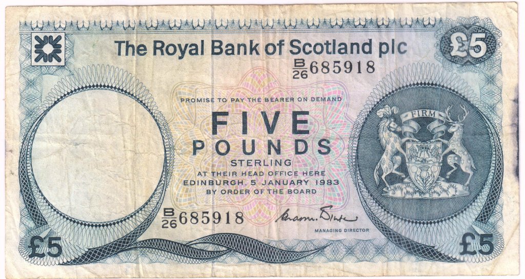 Scotland -5 pounds 1983 used currency note - KB Coins & Currencies