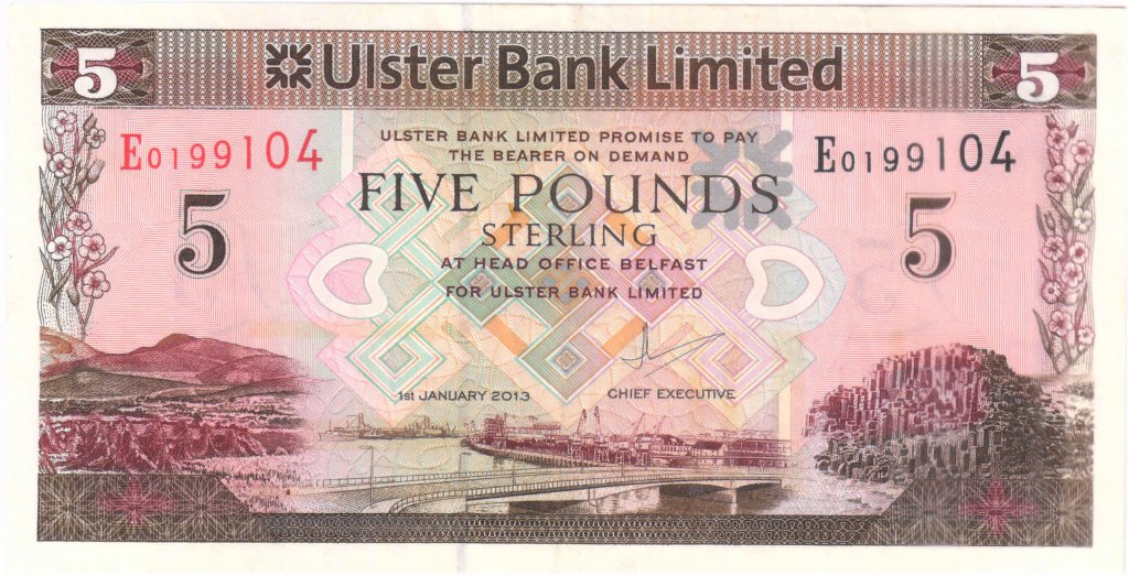 Northern Ireland - Ulster bank , 5 pounds 2013 unc currency note - KB ...