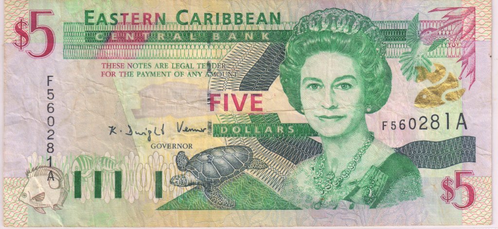 Antigua , East Caribbean 5 dollars vf currency note - KB Coins & Currencies