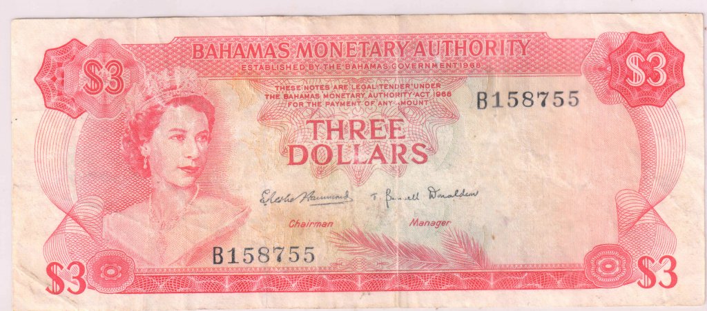 Bahamas Island - 3 dollar 1968 vf currency note , w/ hole - KB Coins & Currencies