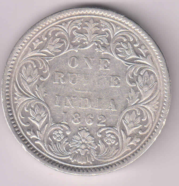 Br. India - VQ rupee 1862 + 4 dots = 1866 1st flower silver coin B1A ...