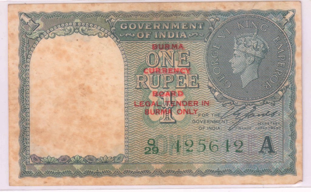 Br. Burma - 1 rupee GVI 1940 , Over printed on India ,used currency ...