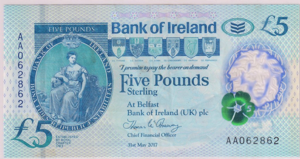 Northern Ireland - 5 pounds 2017 vf polymer currency note - KB Coins ...