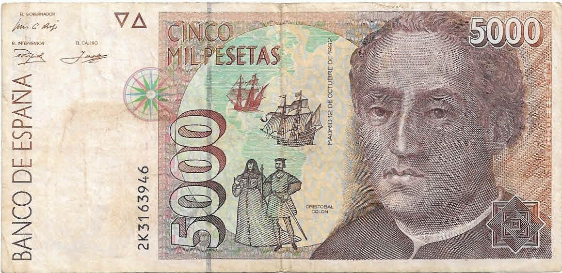 Spain - 5000 pesetas 1992 used currency note - KB Coins & Currencies
