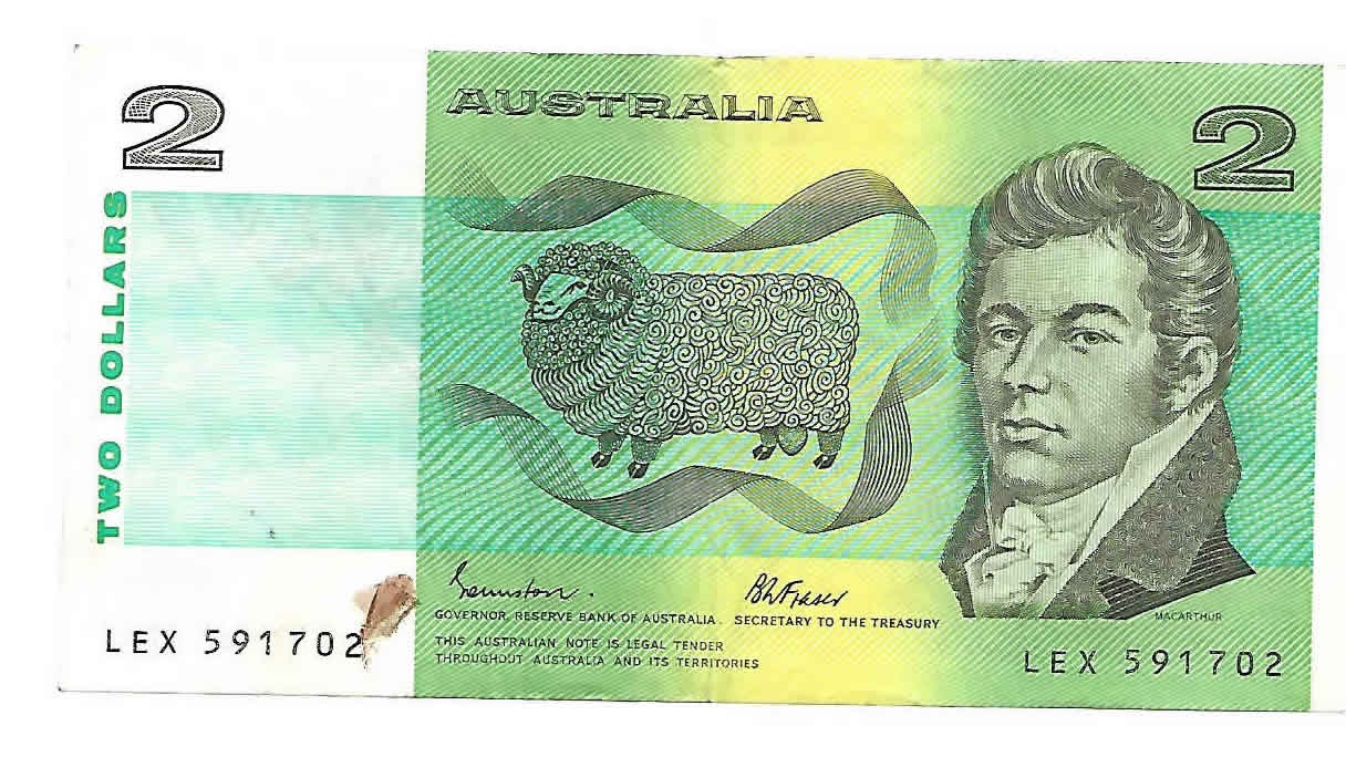 Australia - 2 dollars used currency note w/ stain - KB Coins & Currencies