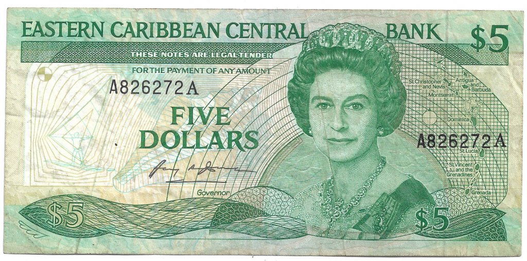 Antigua , East Caribbean 5 dollars vf currency note - KB Coins & Currencies