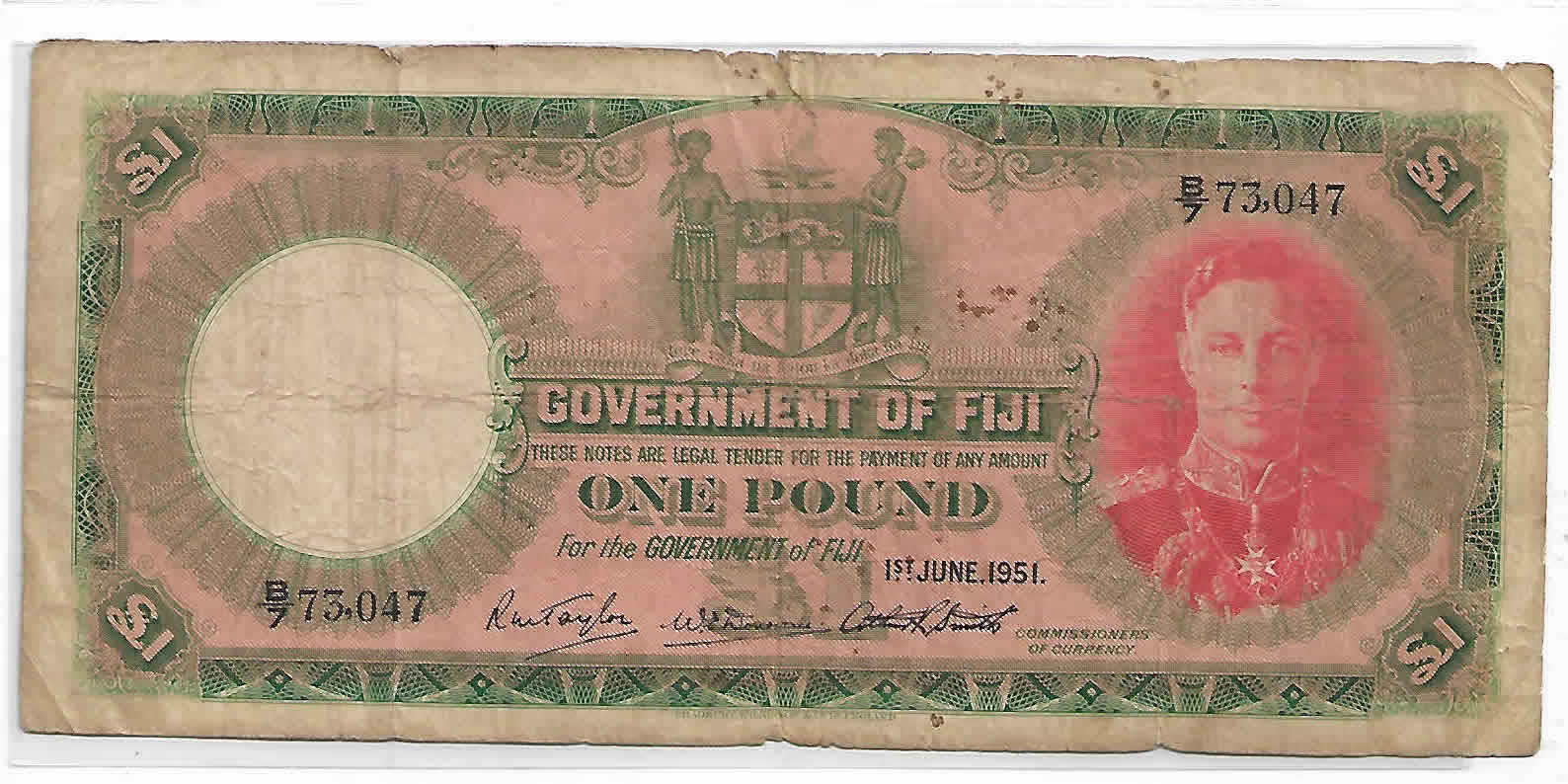 British Fiji - 1 pound 1951 vf currency note w/ torn edge - KB Coins ...