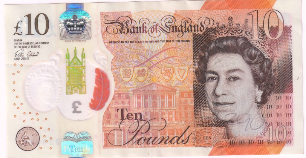 England - 10 pounds polymer used , currency note w/ folds - KB Coins ...
